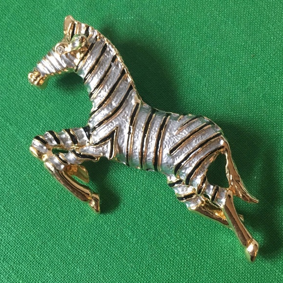 Vintage | Jewelry | Vintage Jumping Zebra Gold Tone Enamel Brooch ...